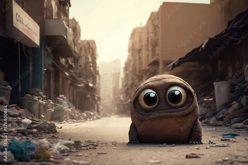 Cute and sad alien monster sitting alone on the street of a big city ...