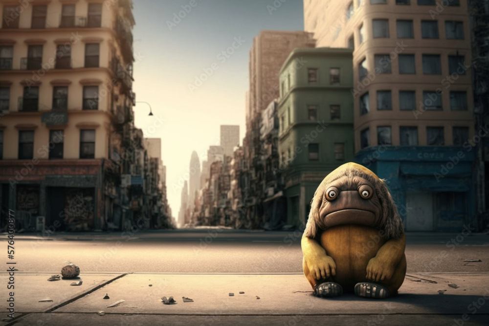 Cute and sad alien monster sitting alone on the street of a big city ...