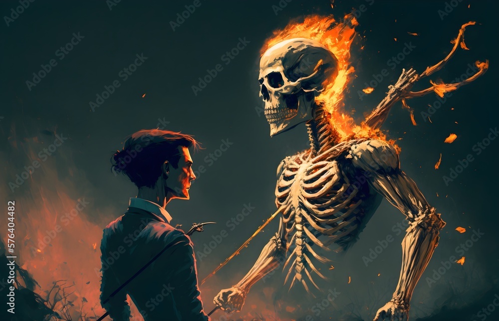 man with a bow face to face with a flaming skeleton, digital art style ...
