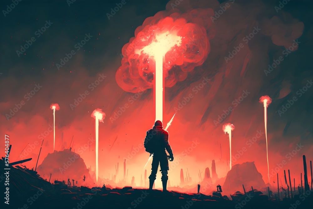 man holds a red smoke flare up in the air and standing against the ...