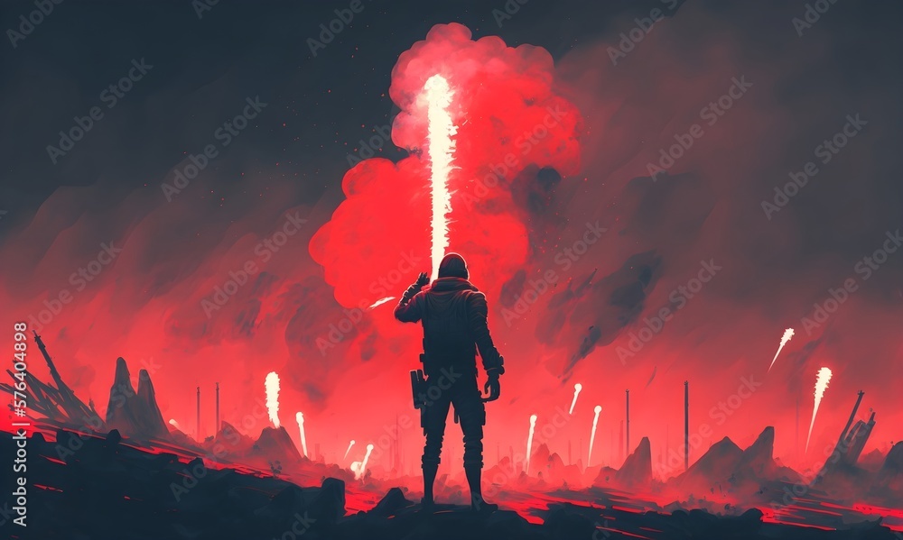 man holds a red smoke flare up in the air and standing against the ...