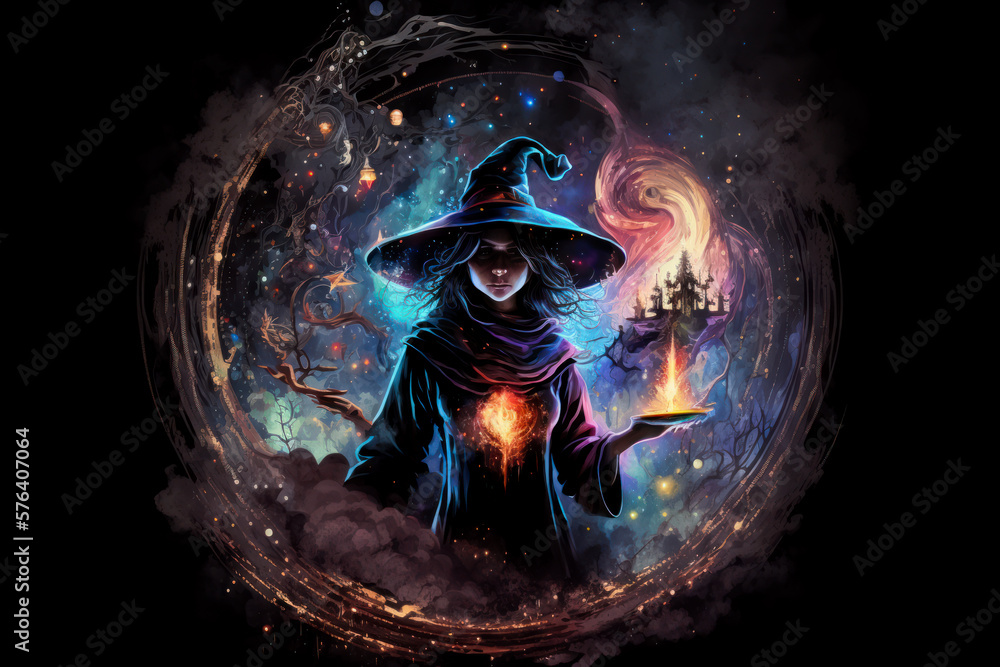 Female magician with magic candle on magical world background ...