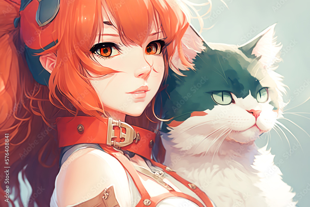 Anime girl with cat ears and her cat. Redhead neko girl with her cat in ...