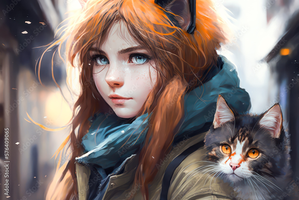 Anime girl with cat ears and her cat. Redhead neko girl with her cat in ...