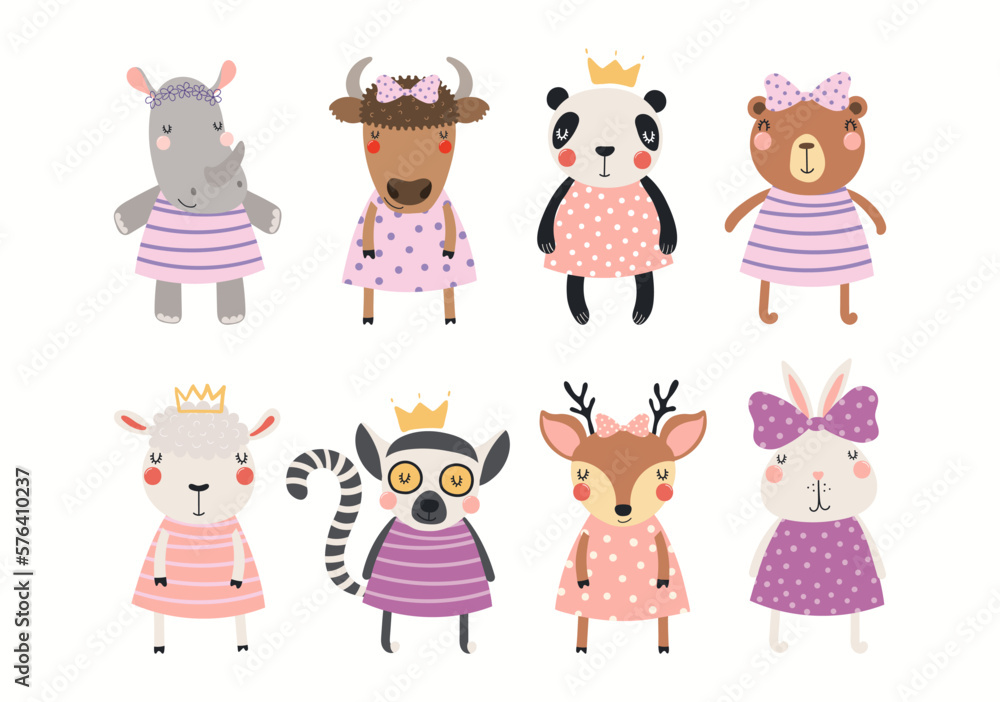 Cute animal girls, little princesses clipart collection, isolated on ...