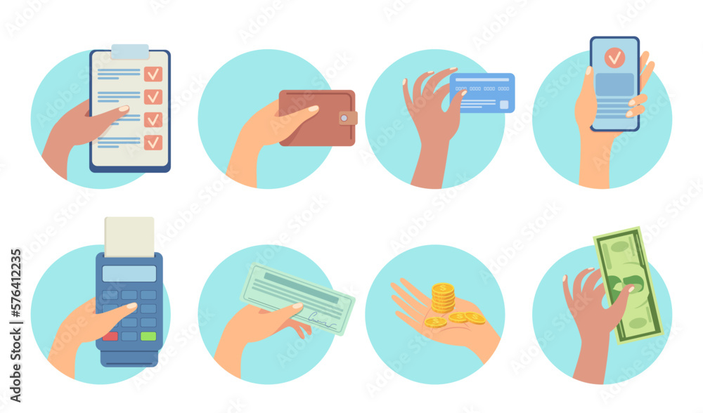 Different payment options vector illustrations set. Cartoon hands with ...