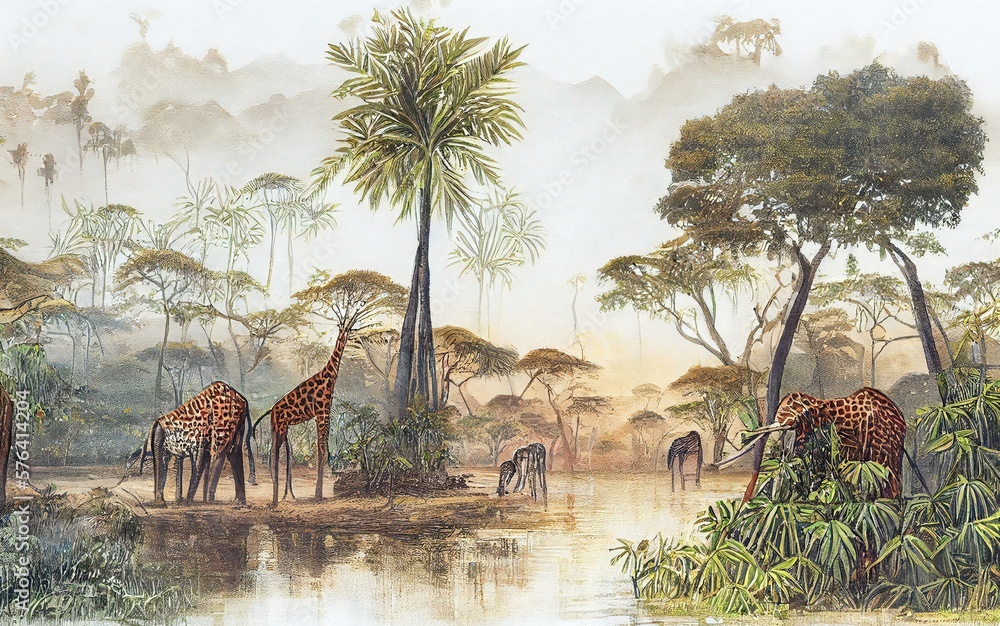 Safari Adventure in African Jungle watercolour painting. Wildlife in ...