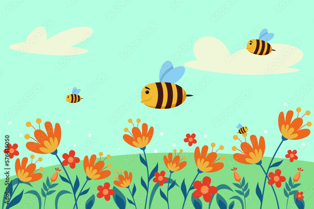Happy comic bees flying across flower field vector illustration ...