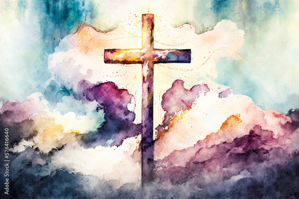Colorful watercolor painting of a cross between the clouds in the sky ...