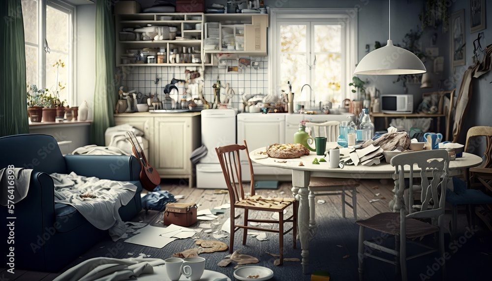 Messy messy living room interior with furniture. Generative AI Stock ...