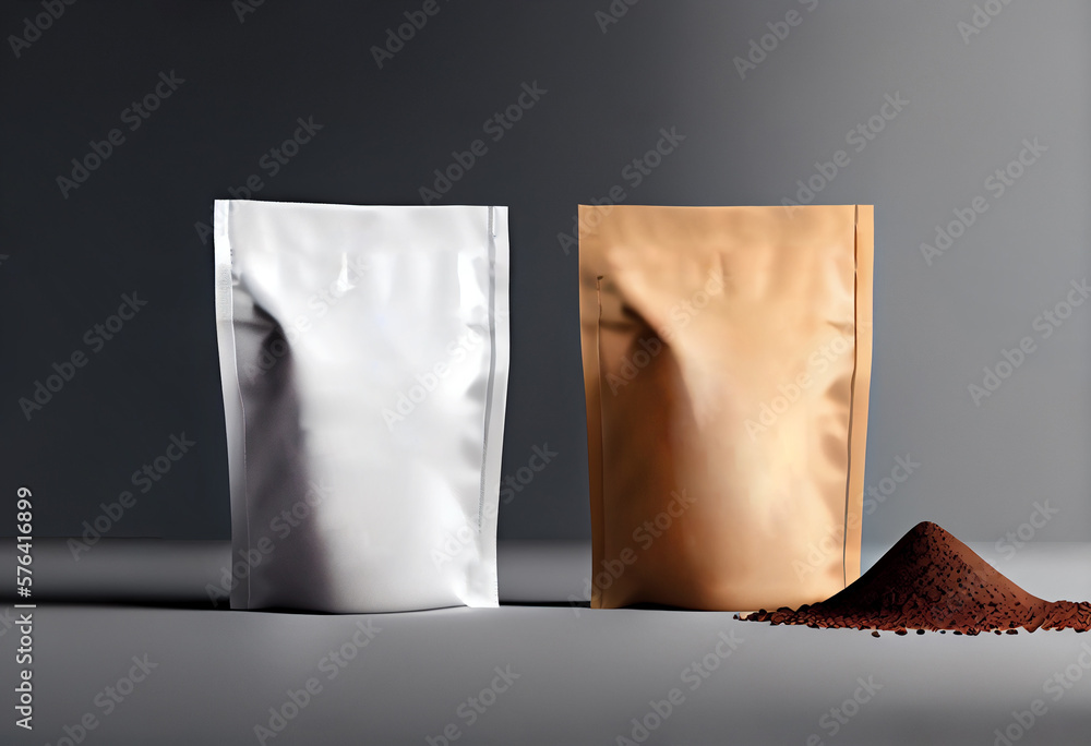 Craft paper pouch bag front and back view isolated on dark background ...
