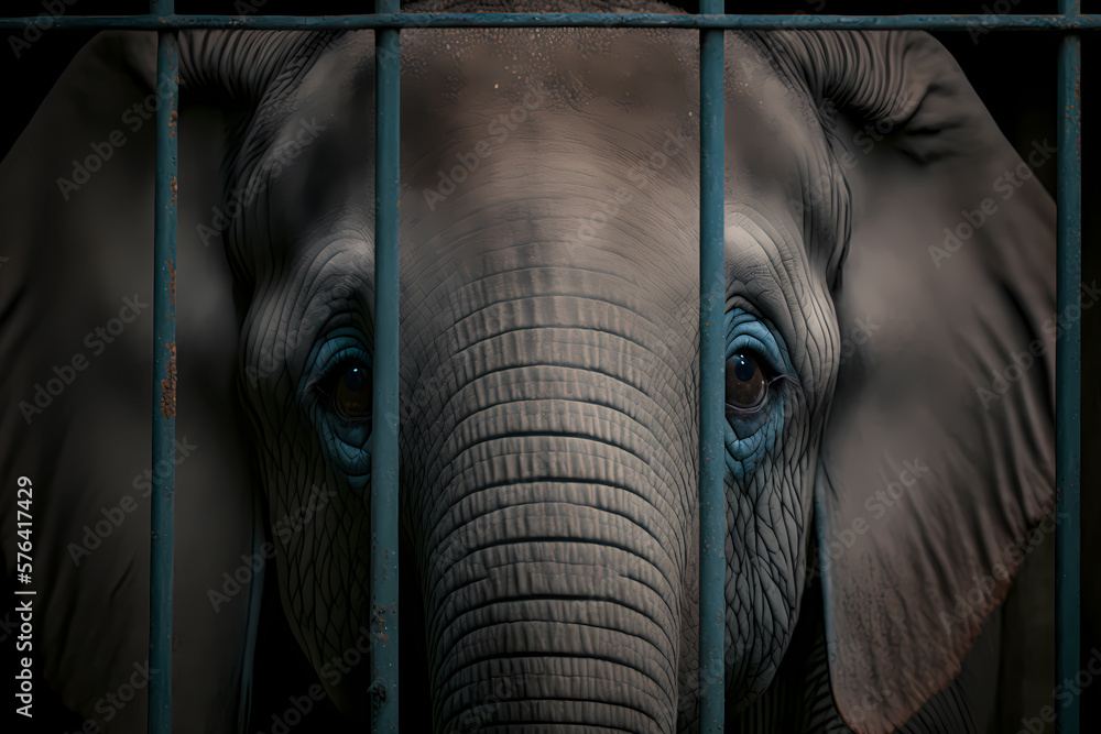 Portrait of elephant behind bars in lattice cage. Concept Unlawful ...