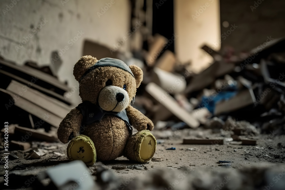 Alone Teddy bear on ruins of house after war bomb and accident rubble ...