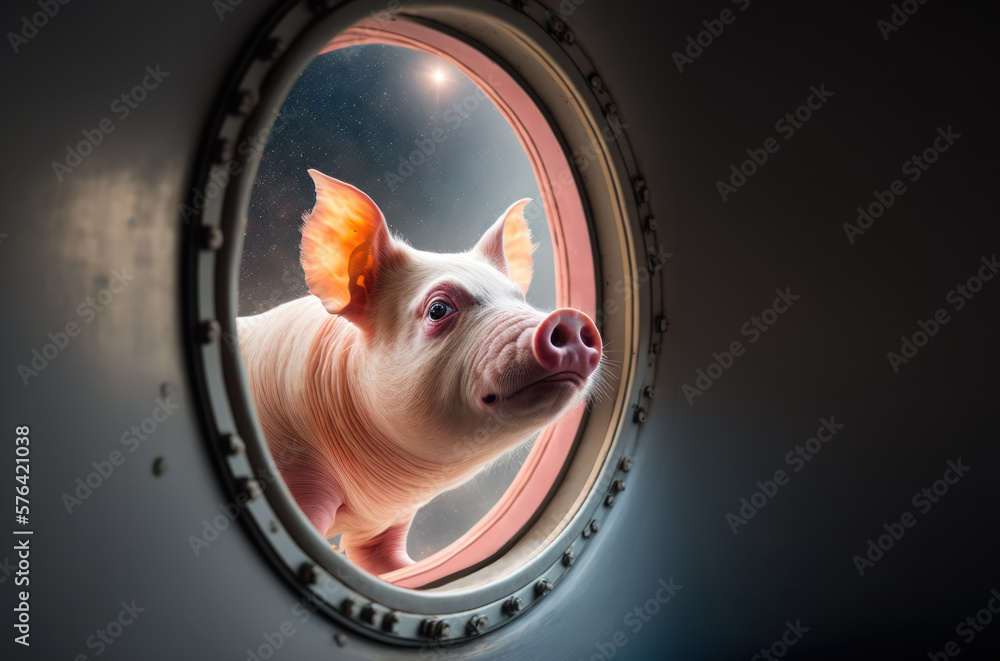 Pig in space looking out of the window of a space ship. Generative AI ...