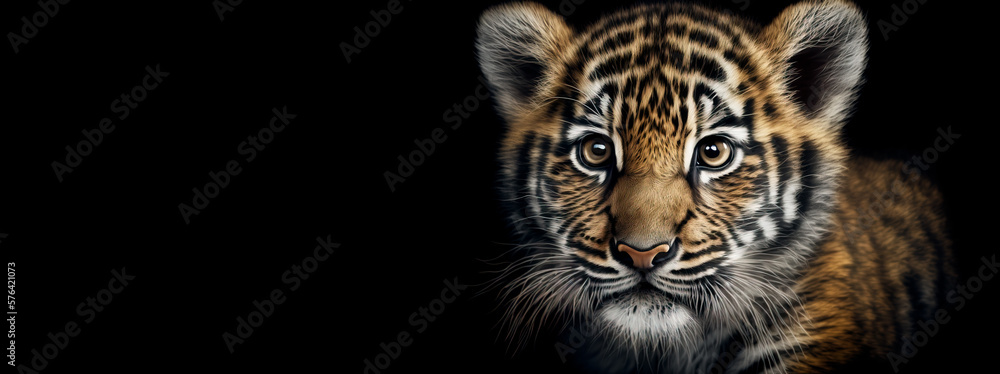 Portrait of a young tiger, Baby tiger head on black background. Image ...