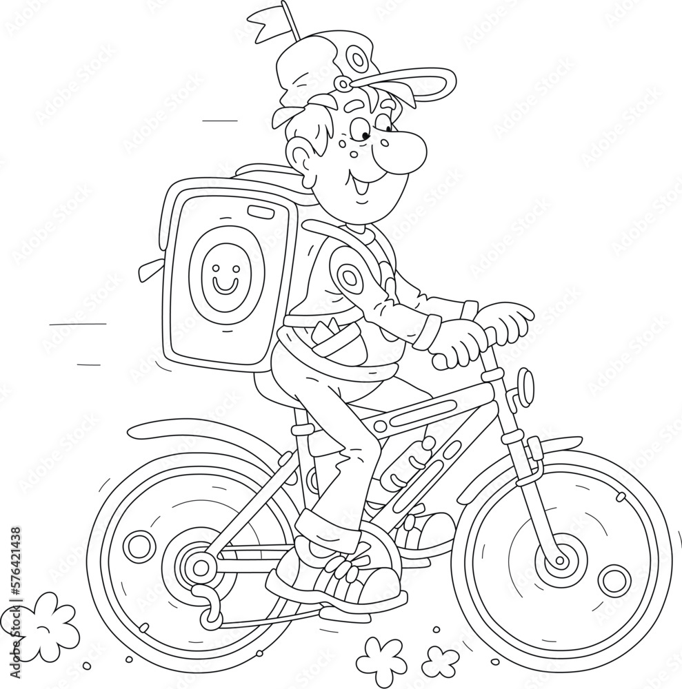 Funny boy courier riding a bike with a large backpack and delivering ...