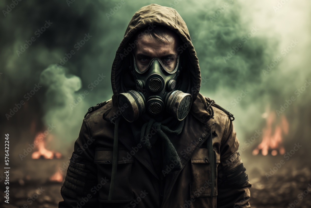 Young apocalypse survivalist in gas mask close up portrait on ruined ...