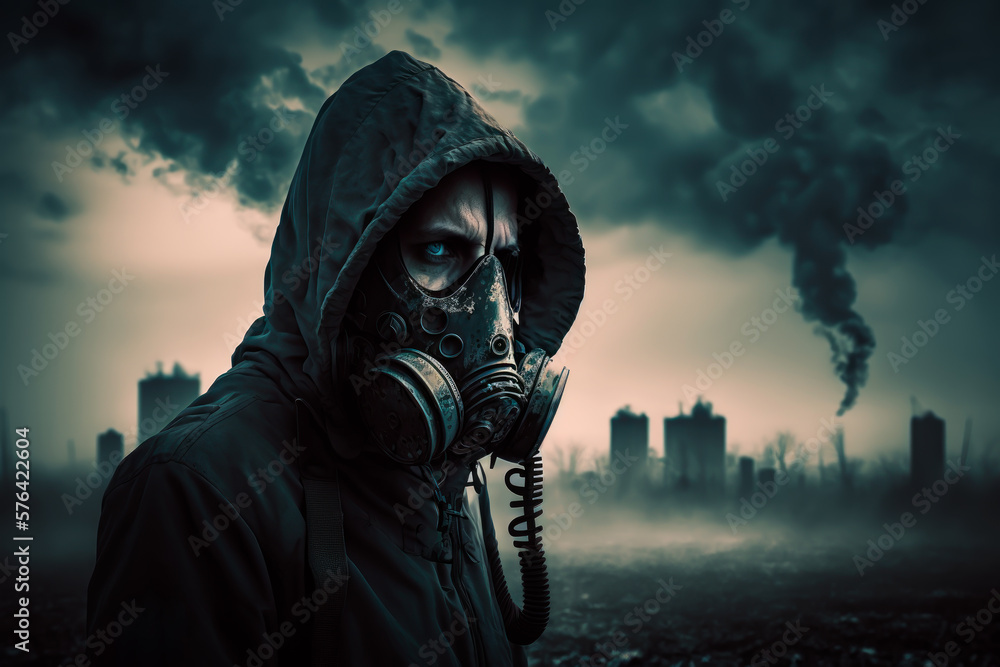 Young apocalypse survivalist in gas mask close up portrait on ruined ...