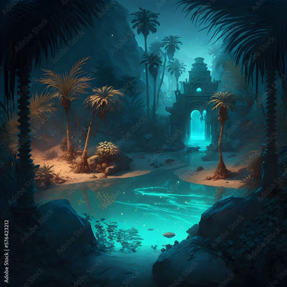 a mystical oasis in the middle of a cursed black sand desert lowangle ...