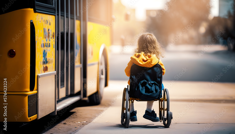 ภาพประกอบสต็อก Child young girl in wheelchair go yellow school bus ...