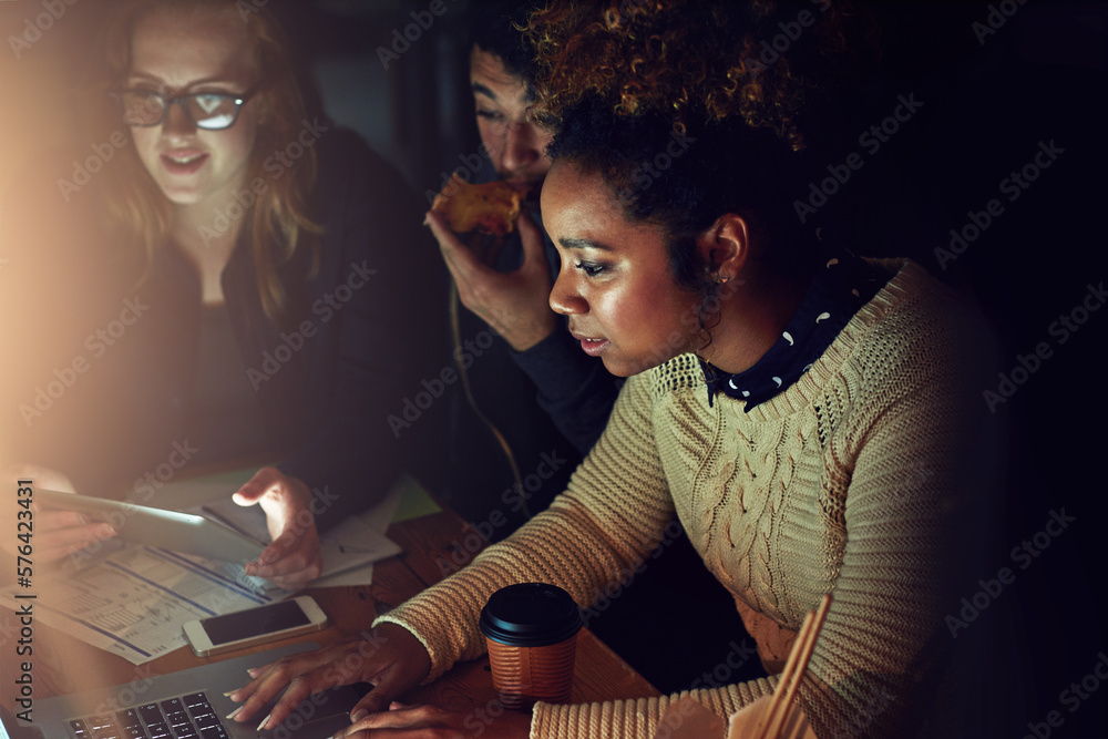 Laptop, diversity collaboration or night people programming ERP software, cyber security system ...