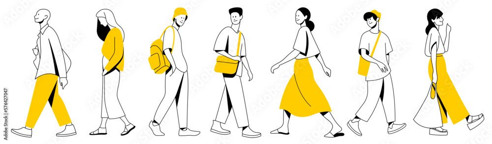 vector set. group of different minimalistic linear people with bright ...