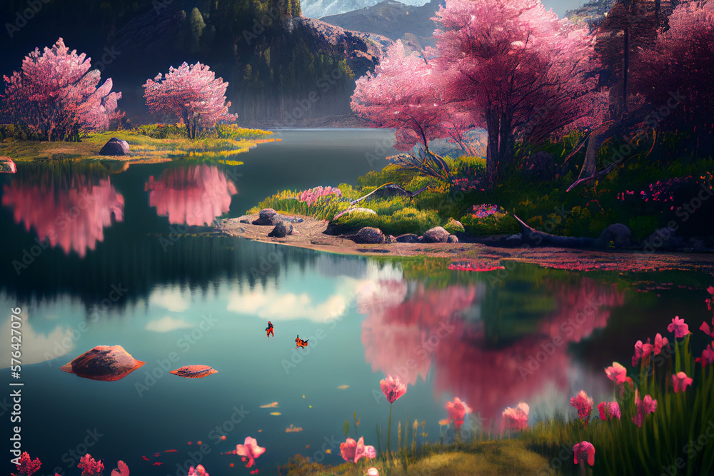 Beautiful Mountain Fuji and sakura cherry blossom in Japan spring season AI Generated Stock ...