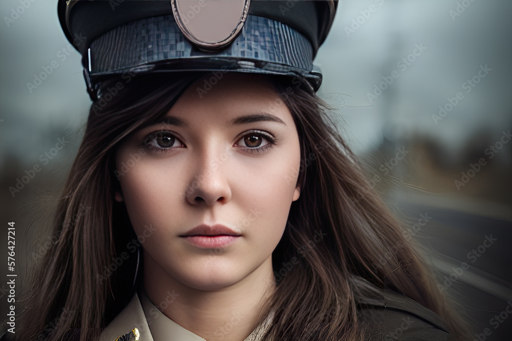 Young woman with long brown hair in a police officer uniform and hat ...