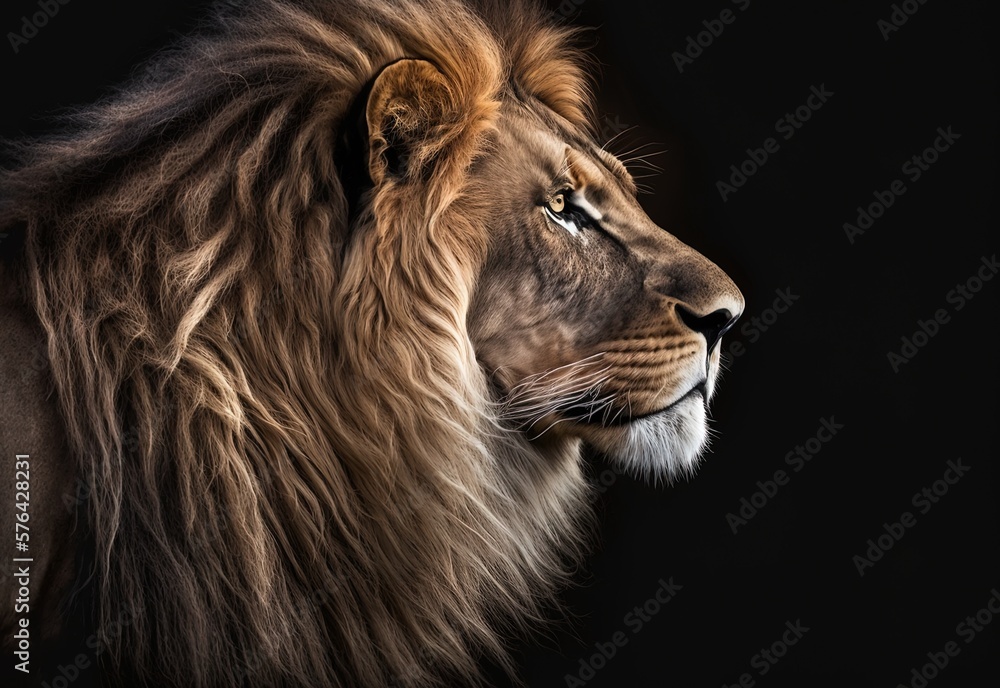 Beautiful profile photo of a lion with a full mane, set against a black ...