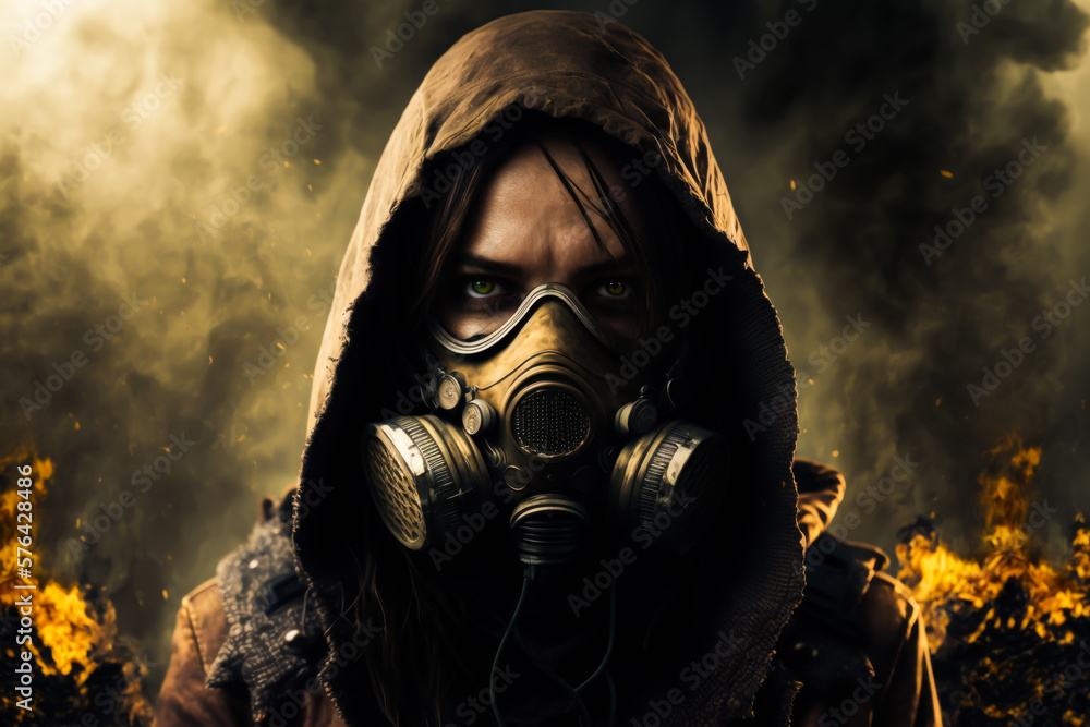 Young apocalypse survivalist woman in gas mask close up portrait on ...