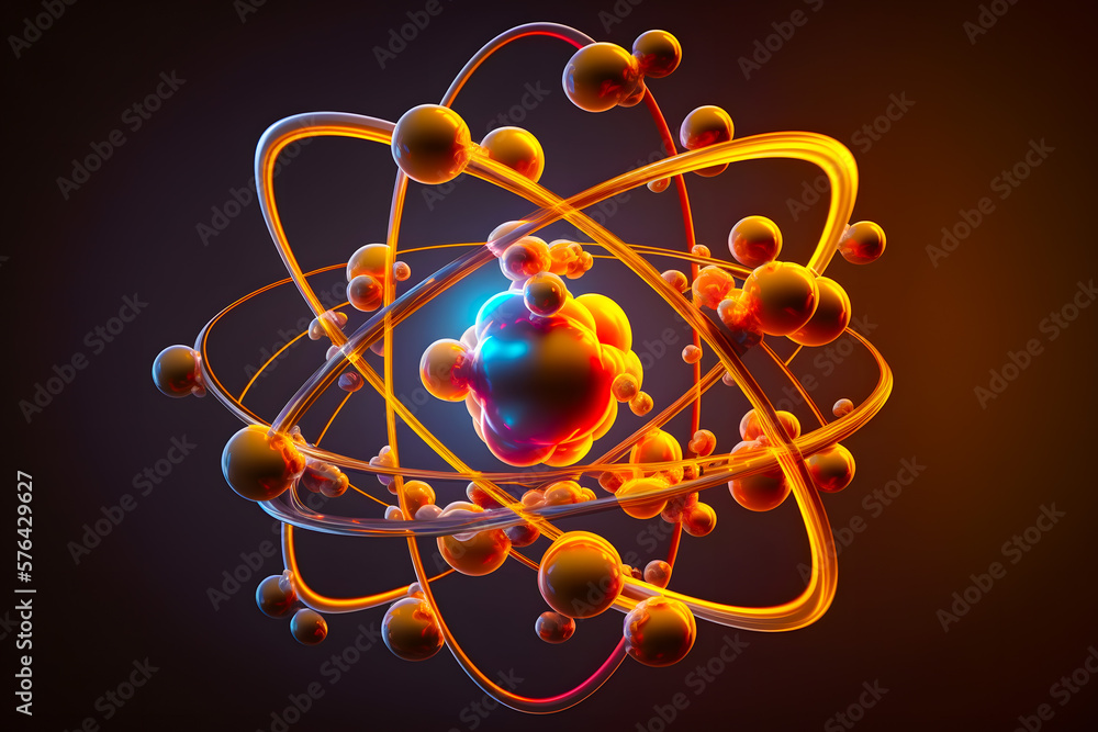 Enlarged model of an atom with a nucleus of protons, neutrons and ...
