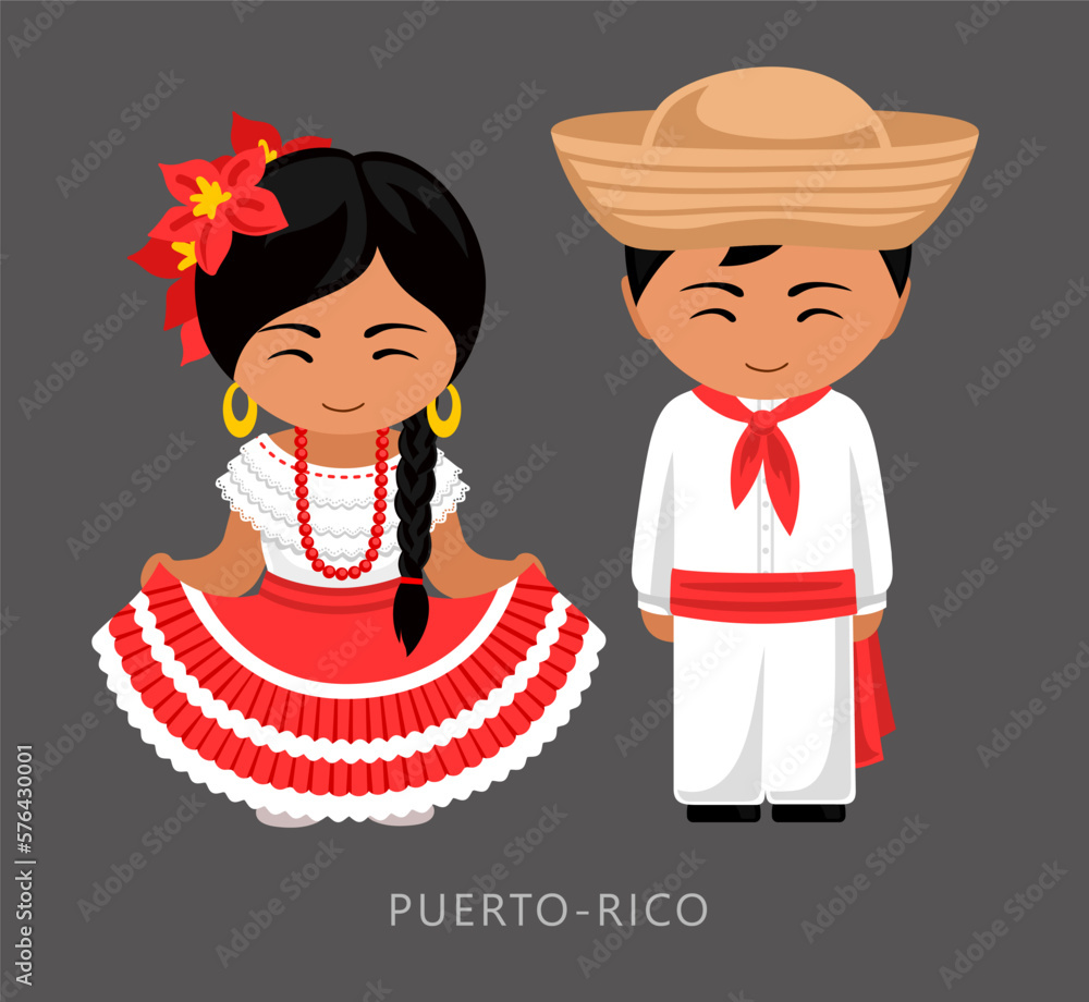 Vetor de Woman and man in Puerto-Rico national costume. Puerto Ricans ...