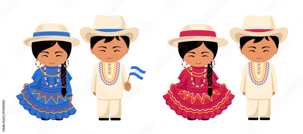 Honduran cartoon characters. Man and woman wearing Honduras national ...
