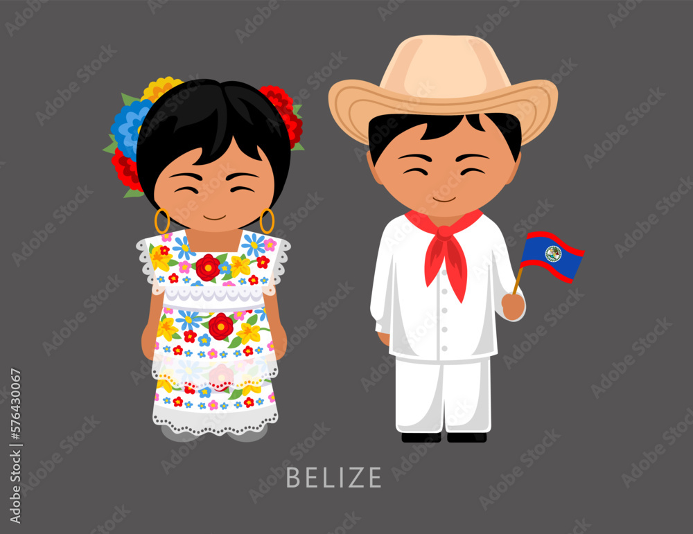 Woman and man in Belize national costume. Belizeans couple, cartoon ...