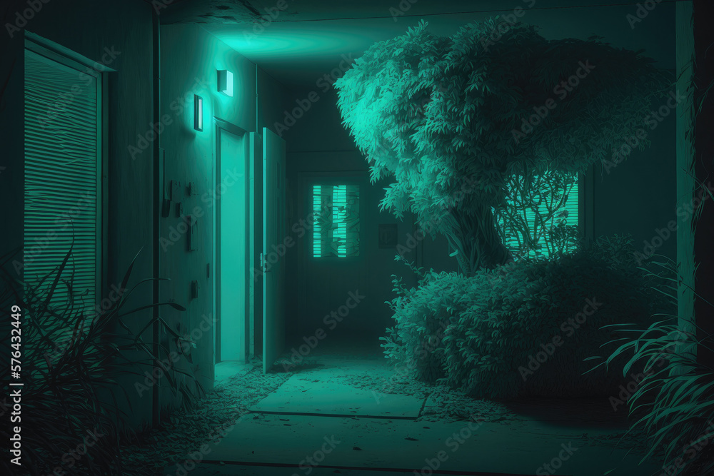 Night vision view. Surveillance of the yard with a night vision device ...