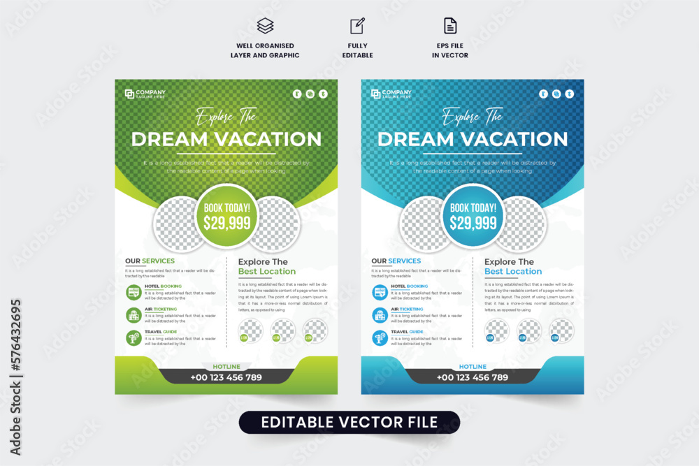 Tour group advertisement template design with green and blue colors. Modern travel agency ...