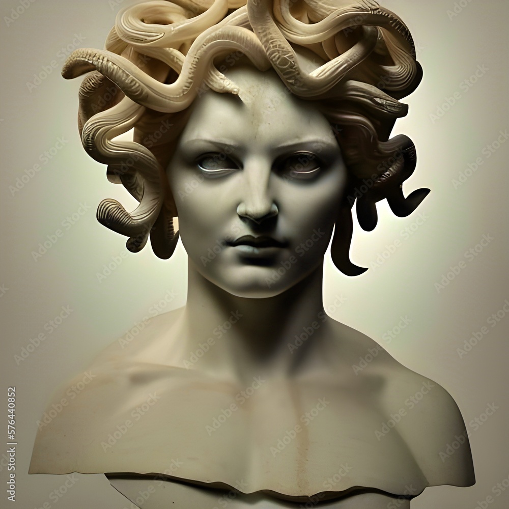 Generative AI image featuring a white marble bust of Medusa, otherwise ...