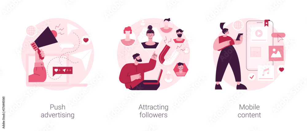 Internet promotion abstract concept vector illustration set. Push ...