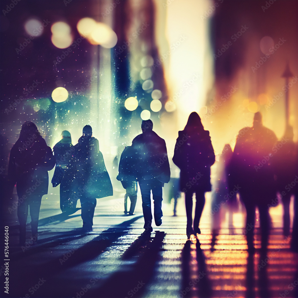 Crowd of people walking from work, sunset blurred bokeh background - AI ...