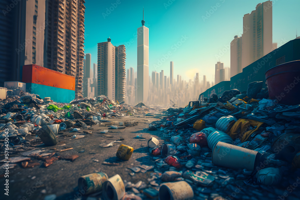 Garbage dump crowded streets of the skyscrapers metropolis. The problem ...