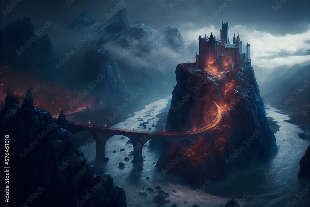 bridge in near behind rocky mountains with large castle with many ...