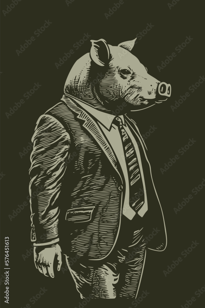 Hand drawn Man with pig head wearing a suit and tie. Vintage engraving ...