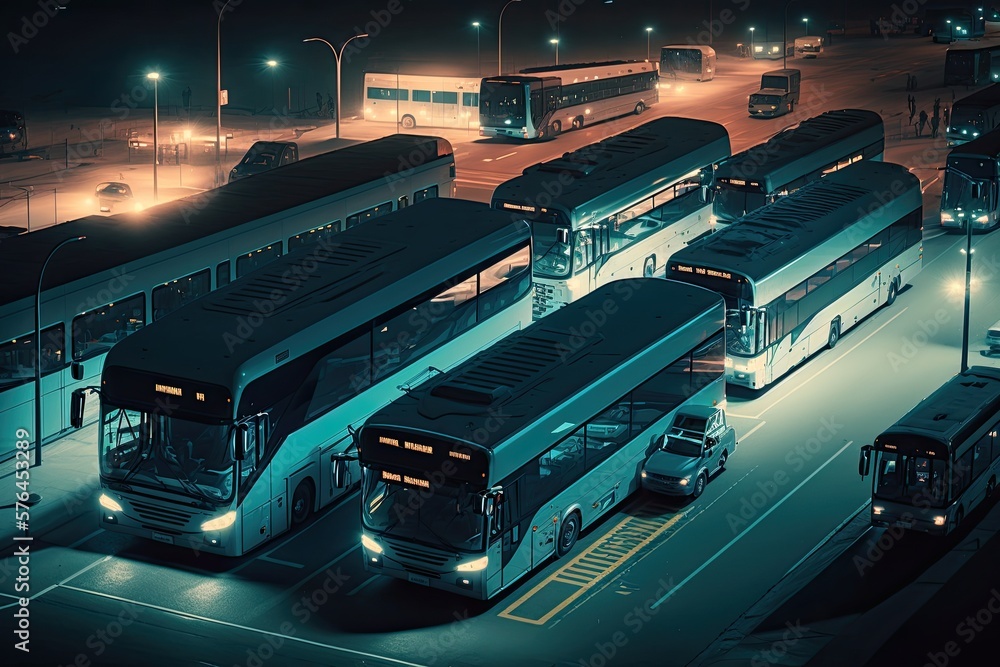 large bus depot illuminated by streetlights with many parked buses ...
