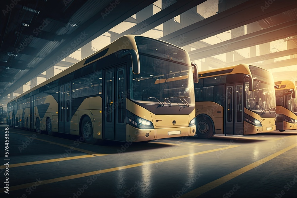 interior of large bus station with long buses standing and waiting ...