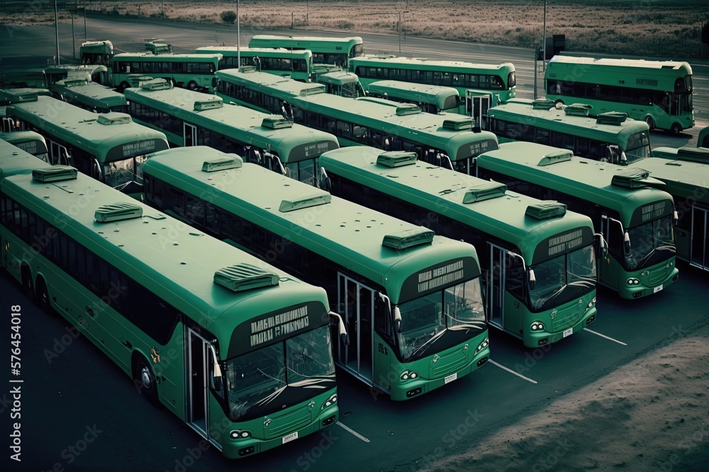 large green buses standing in rows at bus depot, created with ...