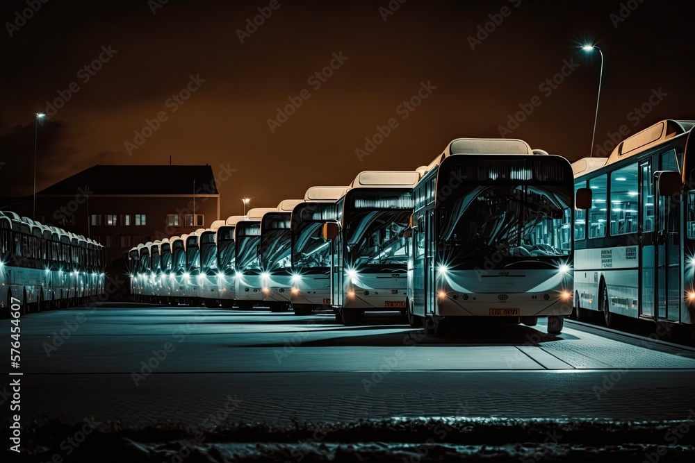 night view of bus depot with long row of buses parked in rows, created ...