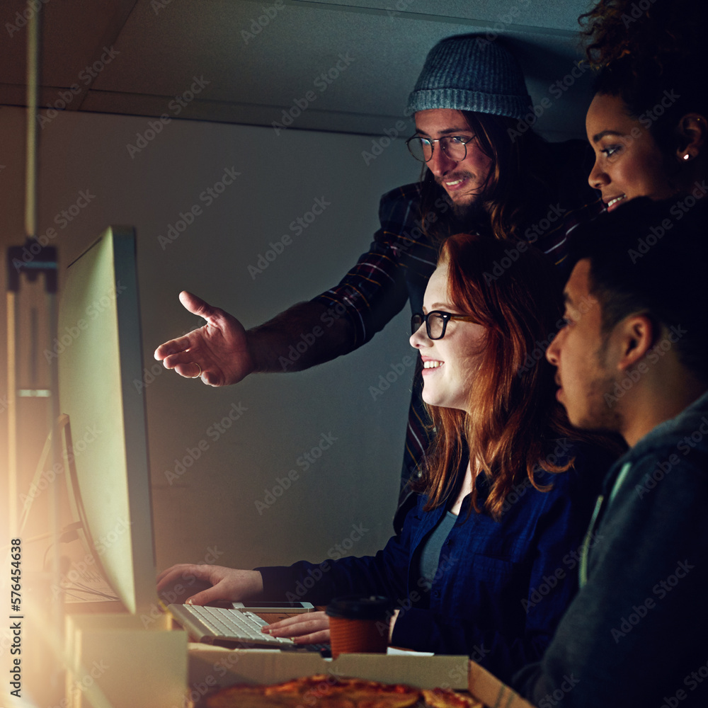 Computer, diversity and night team gesture at html code, cybersecurity ...