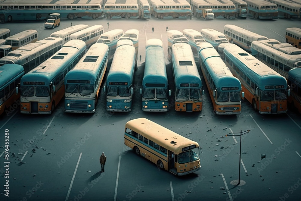 large parking lot in front of bus station with many parked buses ...