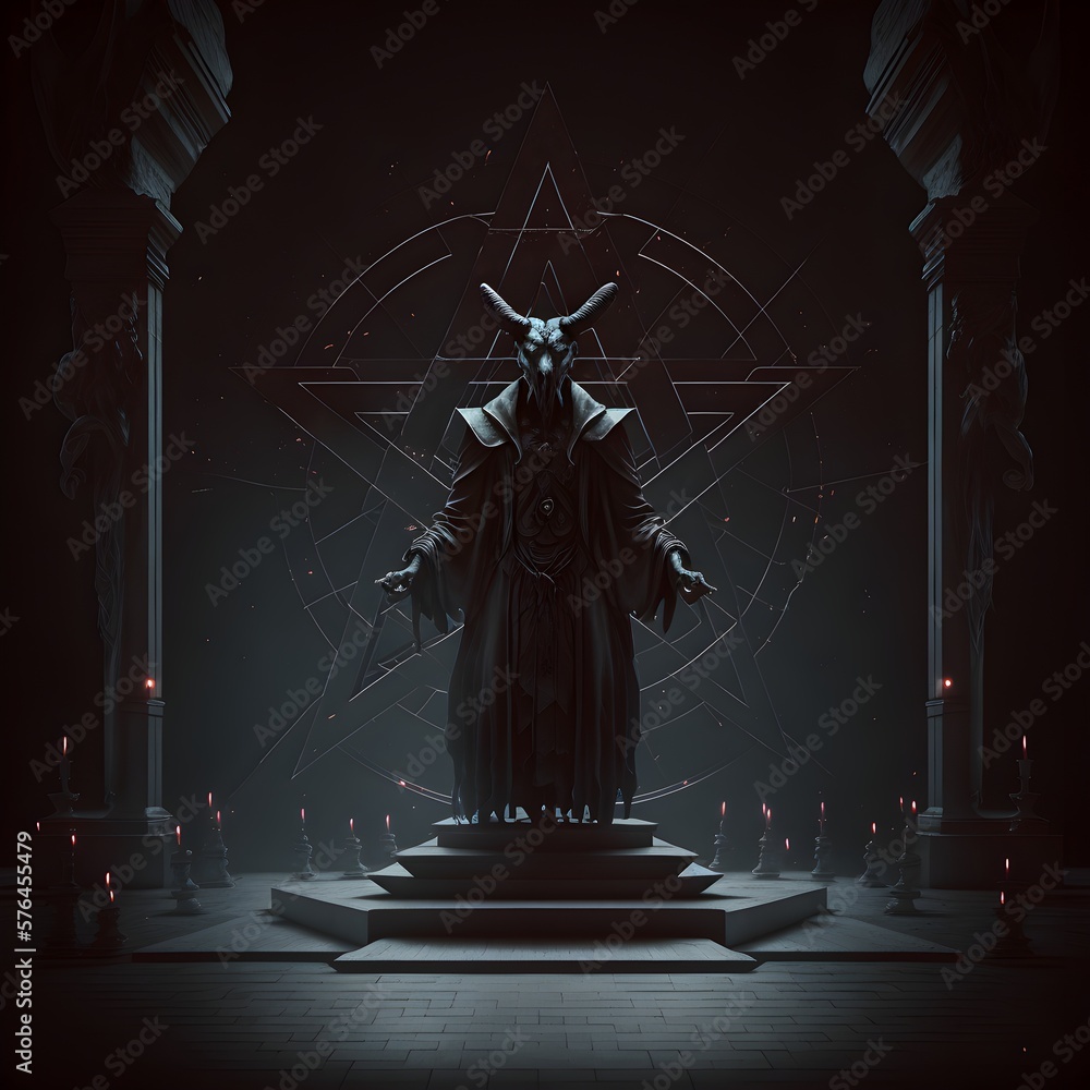 Plakat Baphomet wearing black monk robe standing in front of pentagram ...