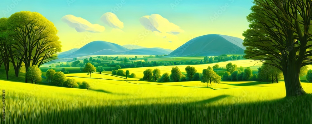 Spring background. Green meadow, trees. Cartoon illustration of ...